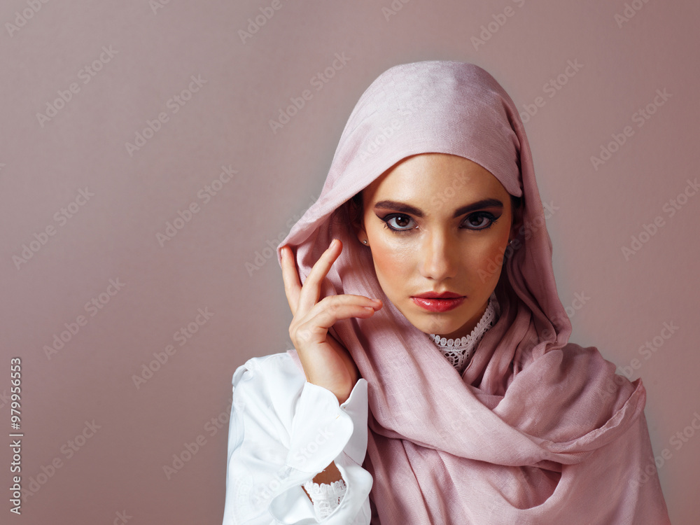 Muslim, portrait and luxury with woman in studio for islamic style ...
