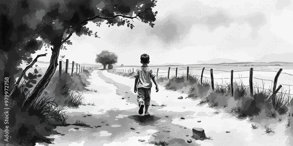 A young child walking alone behind. Watercolor illustration. Digital ...