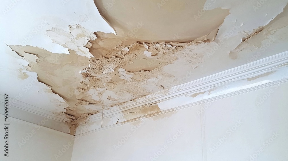 Peeling paint and water marks on a white ceiling highlight the extent ...