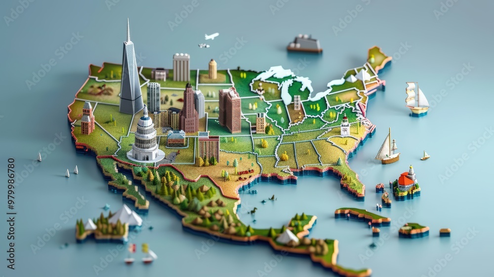 Concert hubs across America: photorealistic map showcasing famous ...