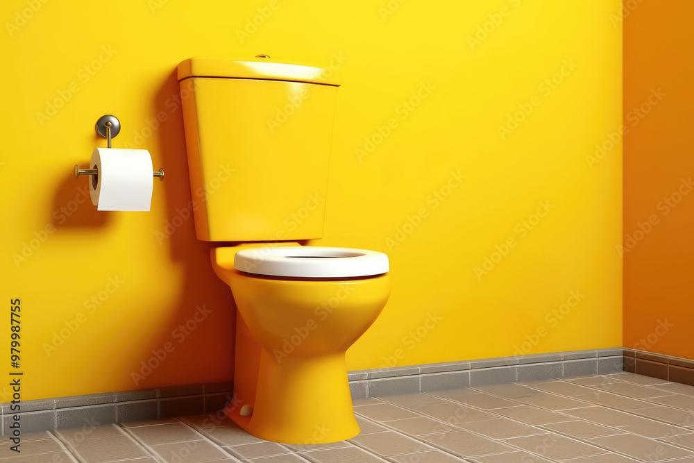 Bright yellow bathroom featuring a uniquely colored toilet and matching ...