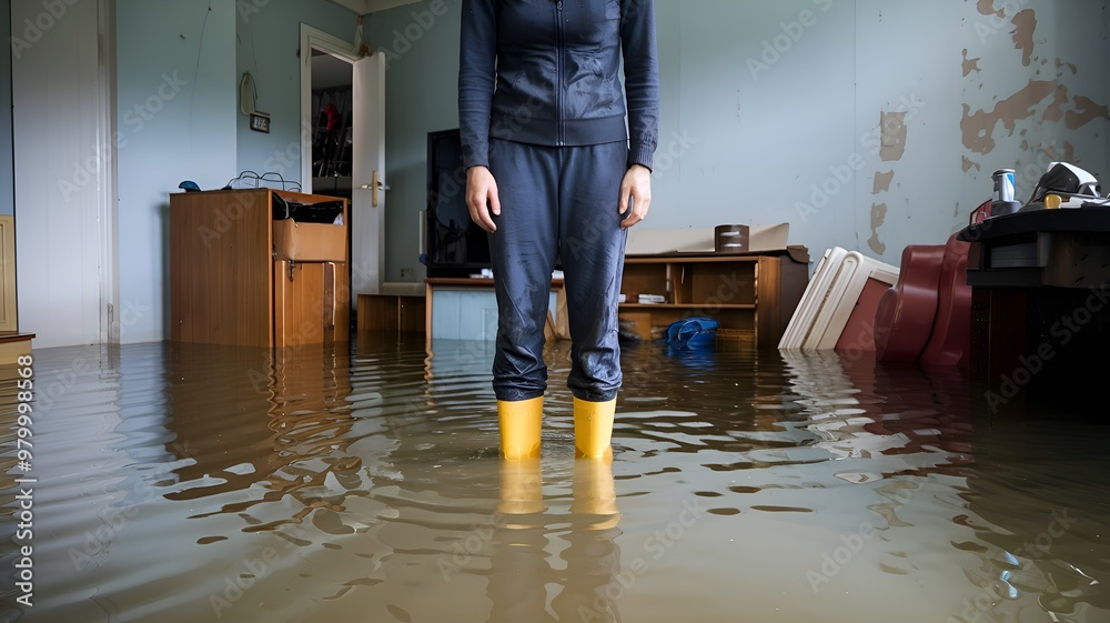 Conceptual illustration of a flood and inundation showing a person ...