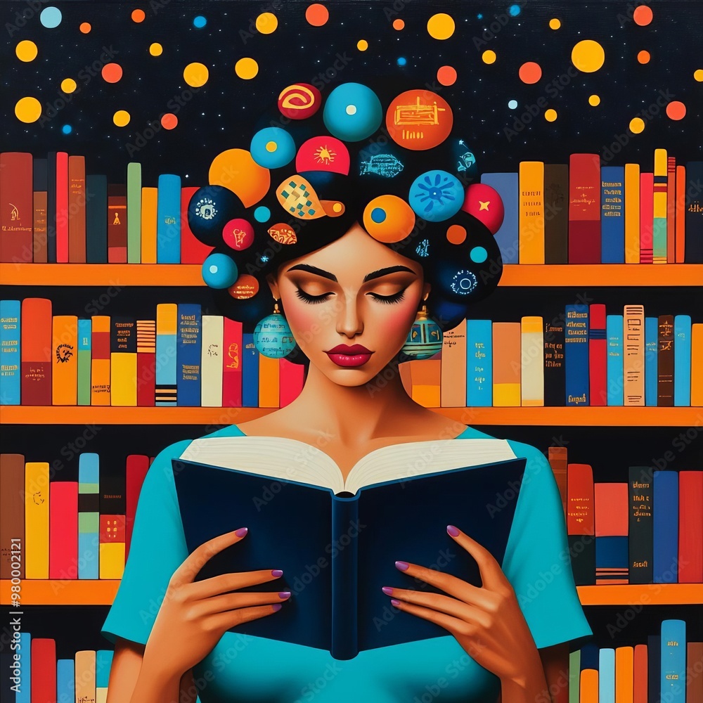 Intellectual Aquarius woman reading in a library, symbolizing curiosity ...