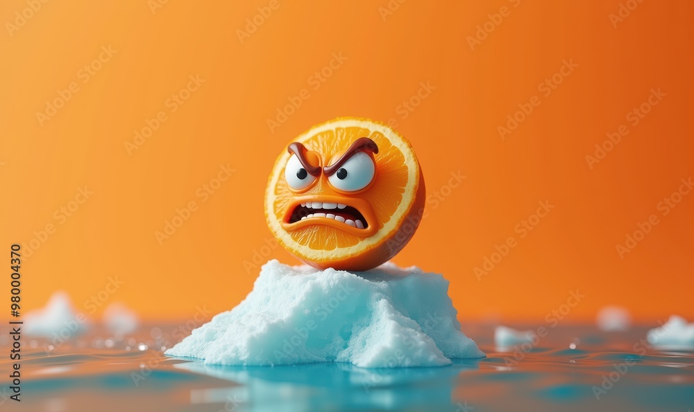 An angry orange character sits atop an iceberg, contrasting with a ...