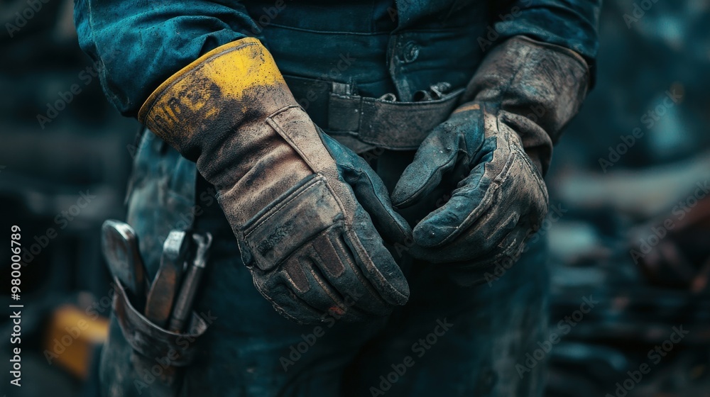 The detailed close-up captures the well-worn gloves of a female miner ...