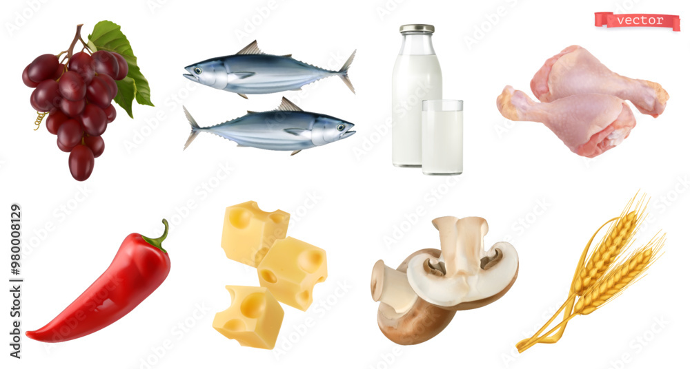 Food, 3d realistic vector set. Fruits, vegetables, cheese, milk ...