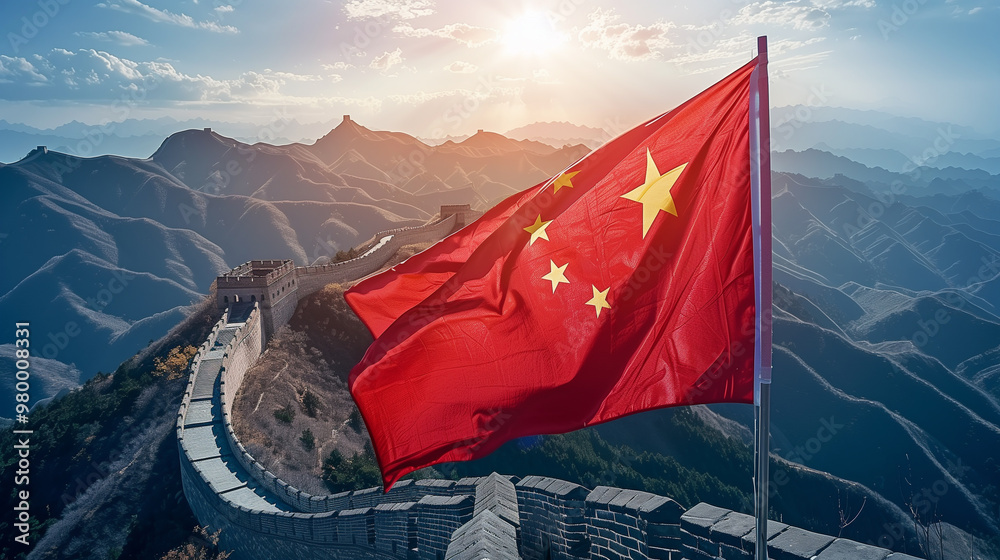 china flag waving with The Great Wall of china background, chinese flag ...