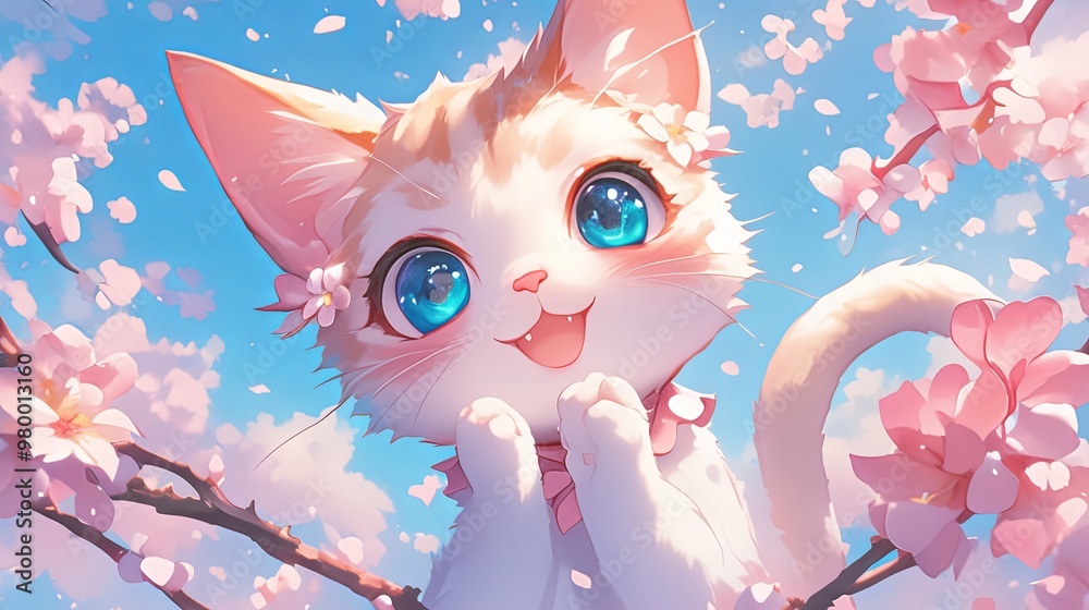 Adorable anime-style cat characters featured in spring-themed ...