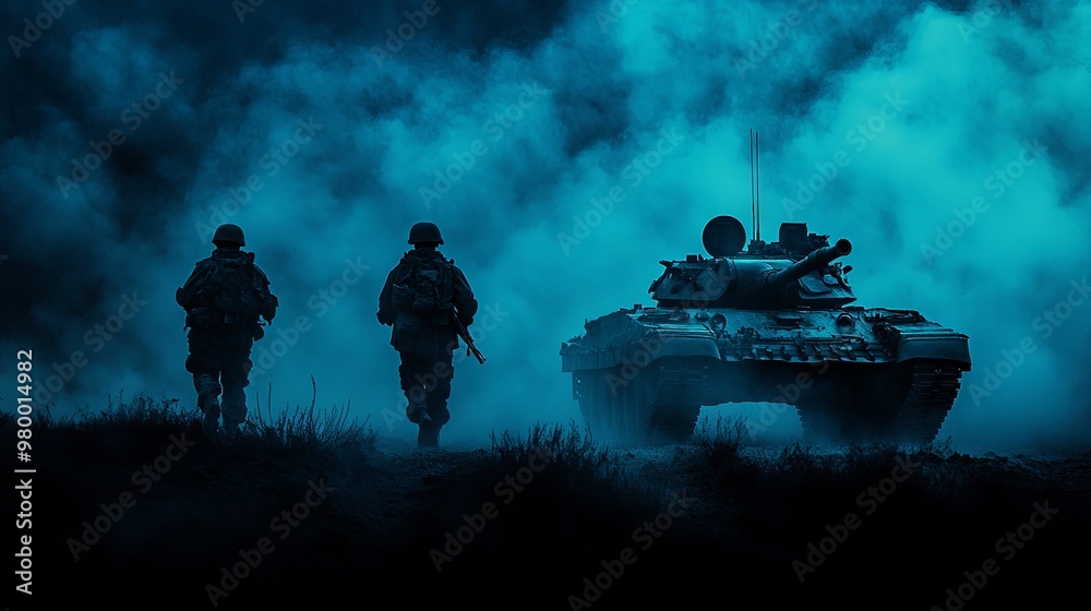 War concept with military silhouettes in combat, set against a foggy ...