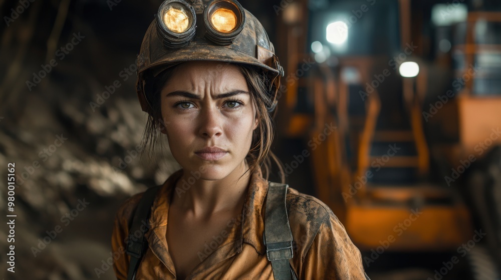 A female miner stands confidently in the mine, wearing a safety helmet ...