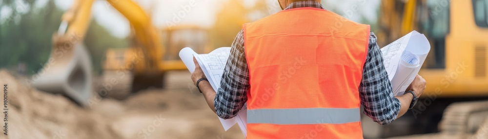 Construction worker reviewing blueprints on a busy site, ensuring ...