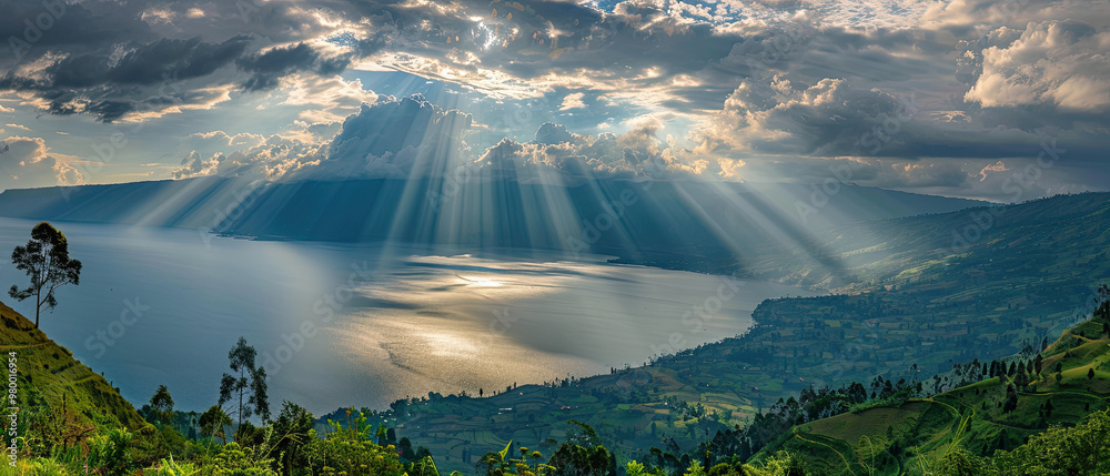 Aerial: lake Toba and Samosir Island view from above Sumatra Indonesia ...
