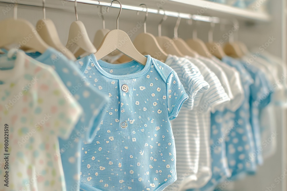 Baby hung on pastel colored hanger, baby girl in light blue and white ...