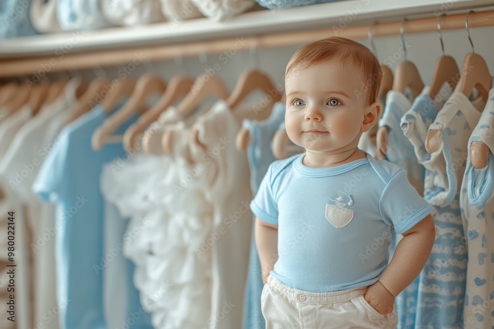 Baby hung on pastel colored hanger, baby girl in light blue and white ...