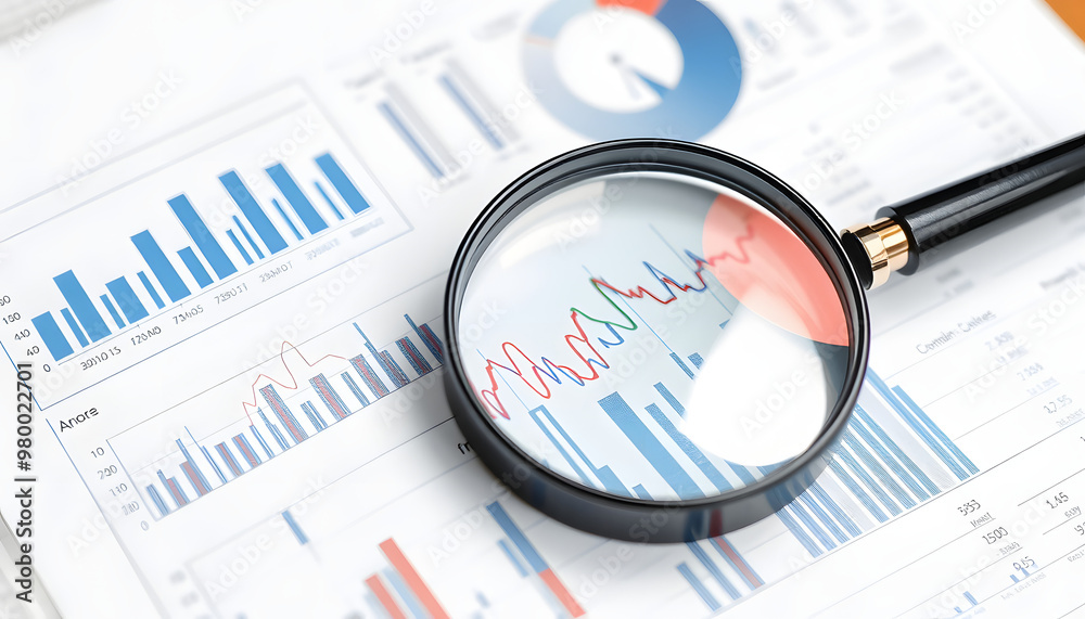 Magnifying glass on spreadsheet and graph paper. Financial development ...