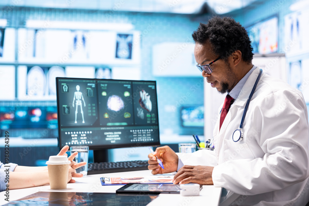 African american medic explaining diagnostic report to female patient ...