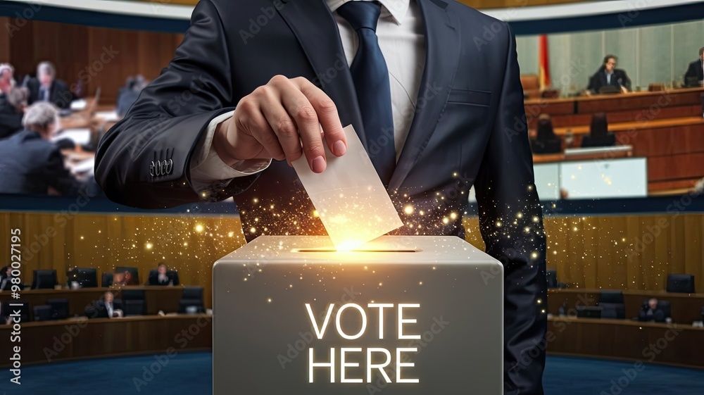Man in a suit casting a vote into a digital ballot box with glowing ...