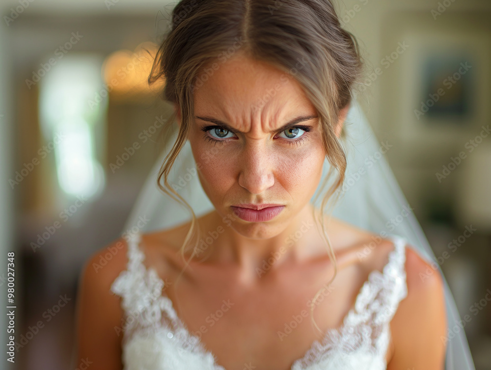 Angry bride with fierce expression in wedding dress and veil showing ...