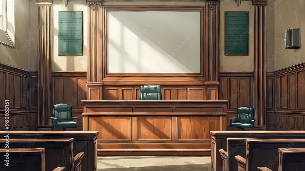 Empty courtroom with wooden benches and judge's chair, symbolizing ...