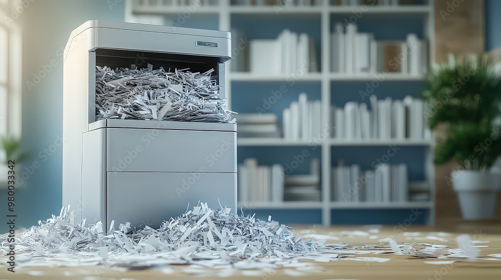 Overflowing paper shredder in cluttered office, surrounded by shredded ...