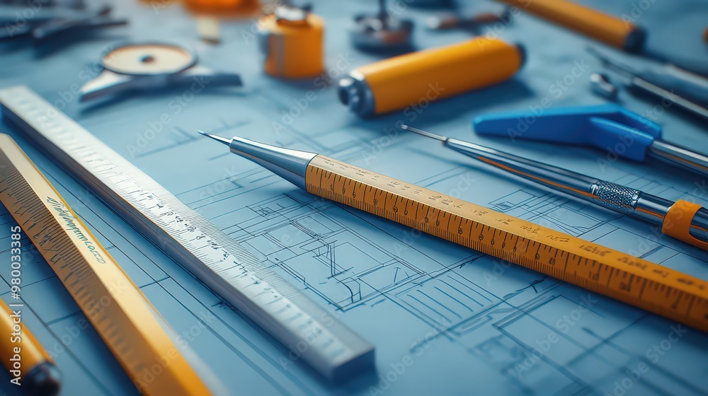 Architectural drafting tools laid out on blueprint, symbolizing ...