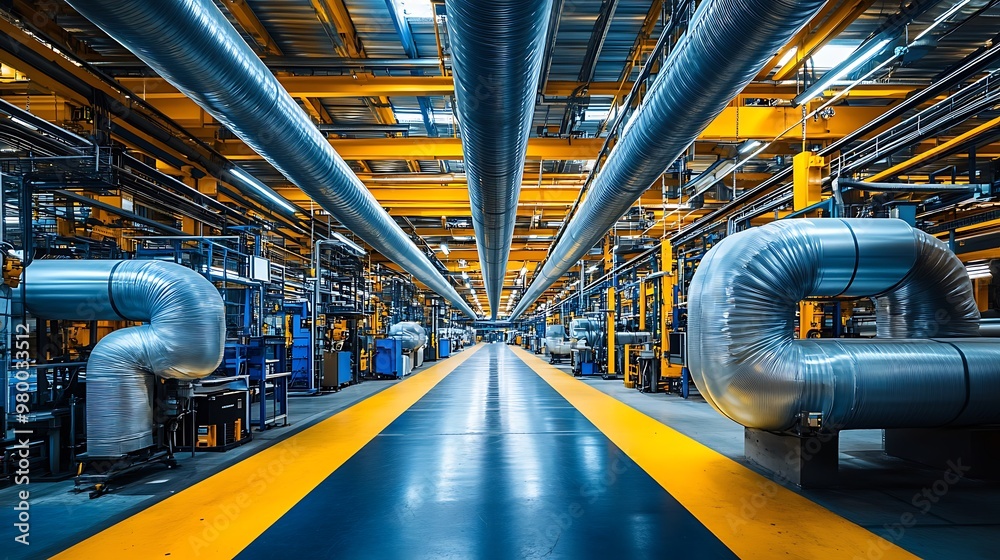 Large HVAC ducts running through the ceiling of a factory, ensuring ...