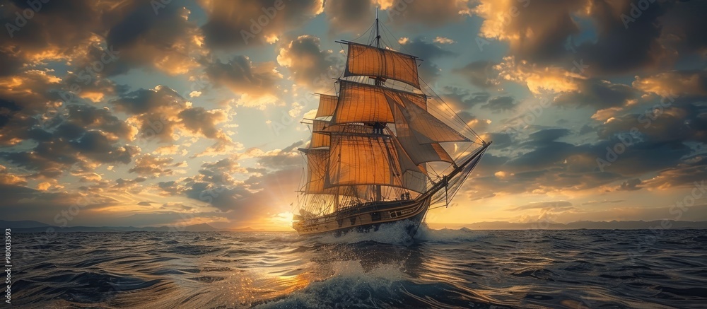 Majestic sailing ship with full sails gliding through a dramatic sunset ...