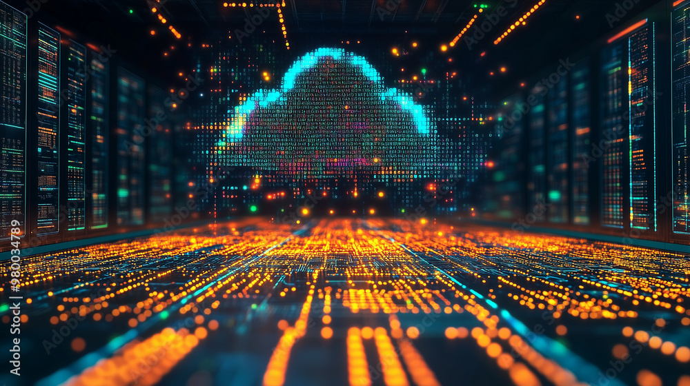 3D render of a glowing cloud icon floating above a row of computer ...