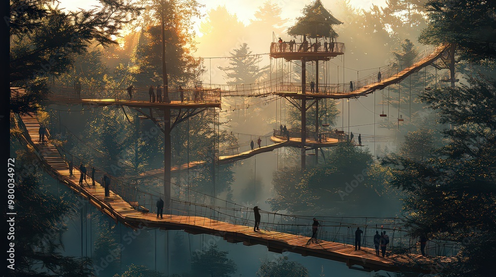 People walk across elevated wooden bridges through a forest, enjoying a ...