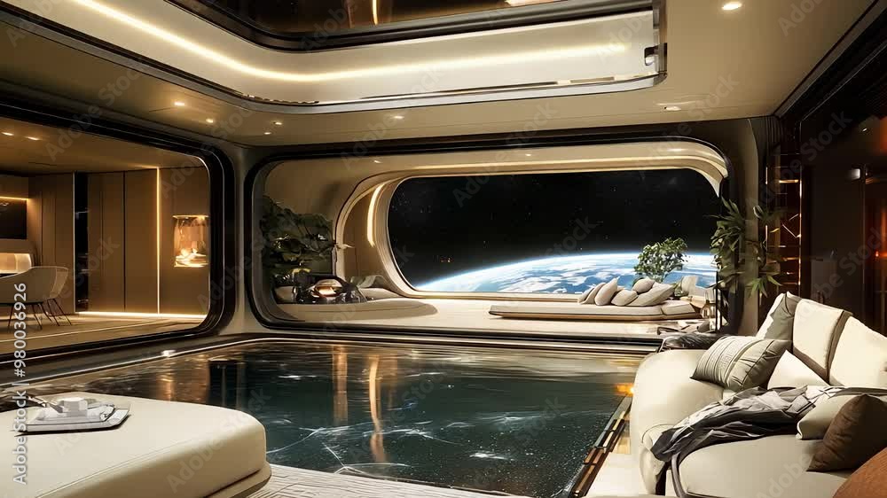 Futuristic luxury space hotel room with a view of Earth from orbit ...