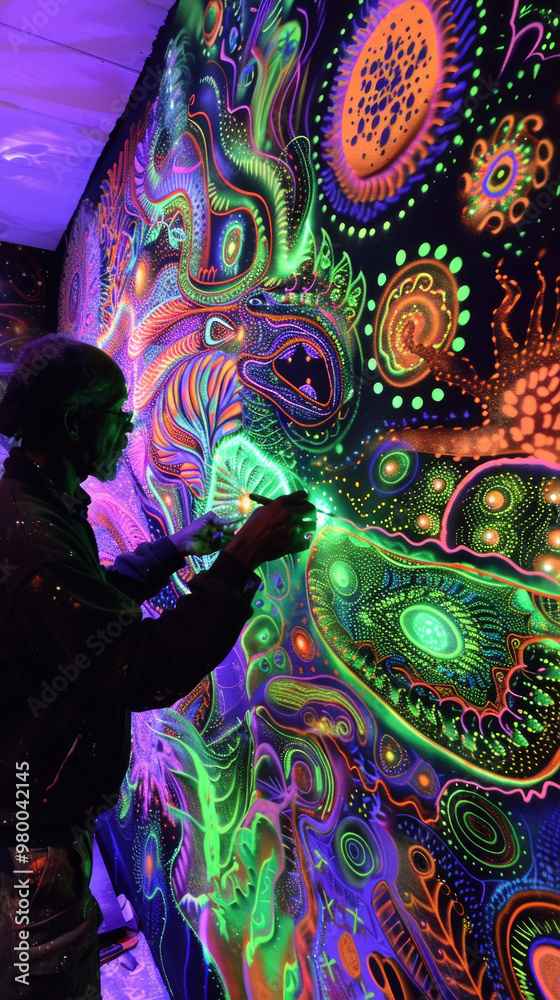 An artist applies bright neon paints to a large mural, transforming the ...