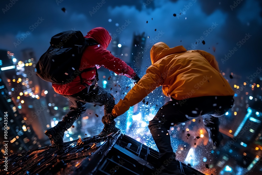 A climactic fight scene on top of a skyscraper, with the city lights ...