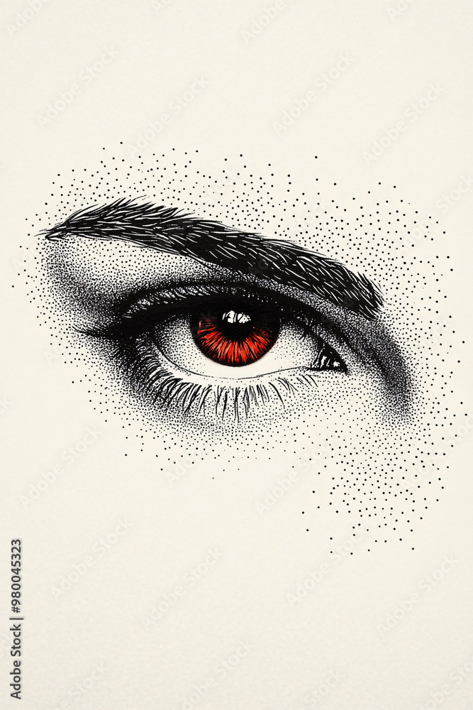 Stylized black-and-white eye illustration with vibrant red iris ...