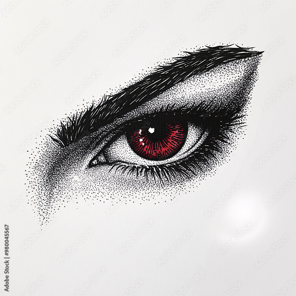 Stylized black-and-white eye illustration with vibrant red iris ...
