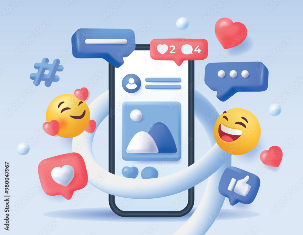 Social media marketing. Banner with smiling emoji, comments, hashtags ...