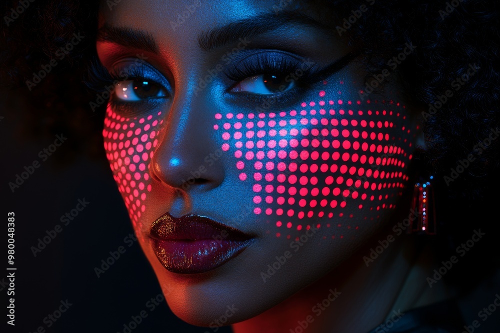 Portrait of a woman with glowing red pixels forming a digital mask ...