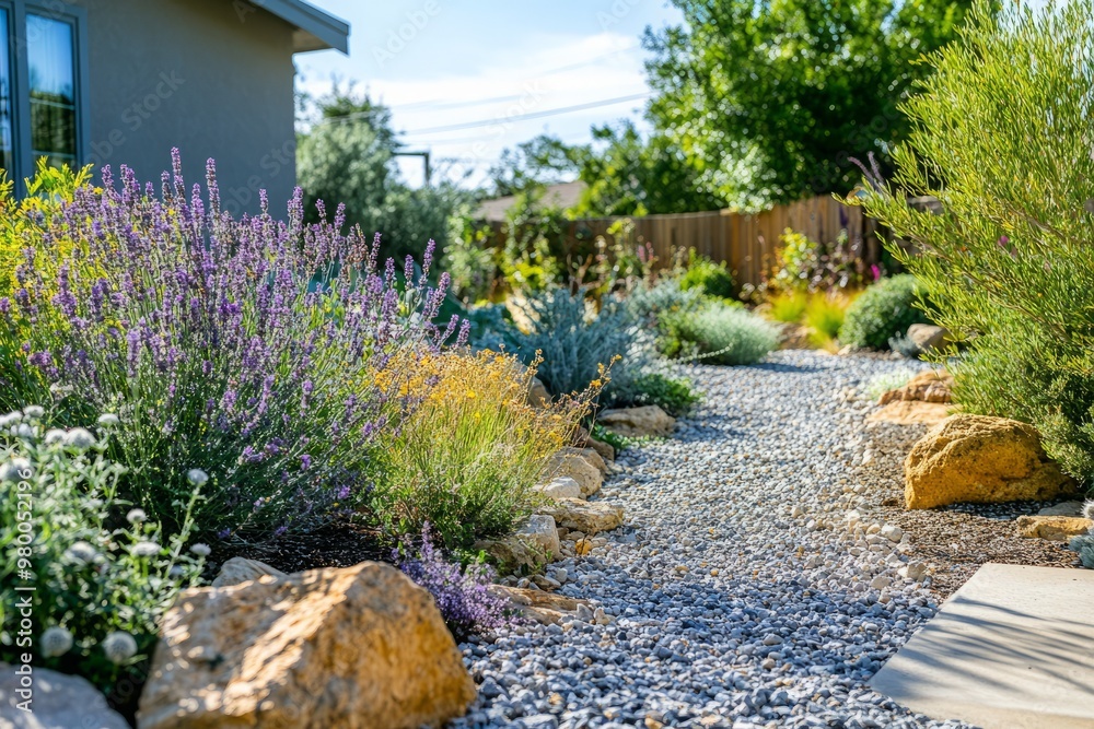 Scenes of a front yard garden with a xeriscape design, featuring ...