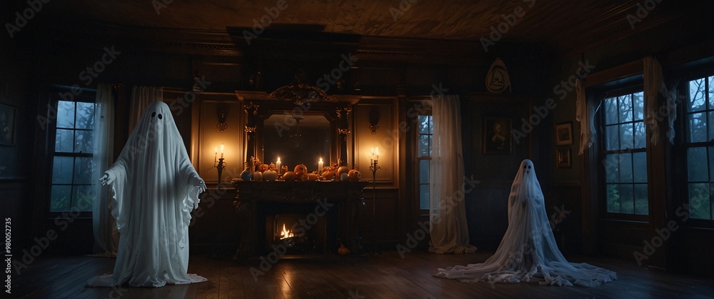Haunted Mansion Ghostly Gathering: Two ethereal figures stand in a ...