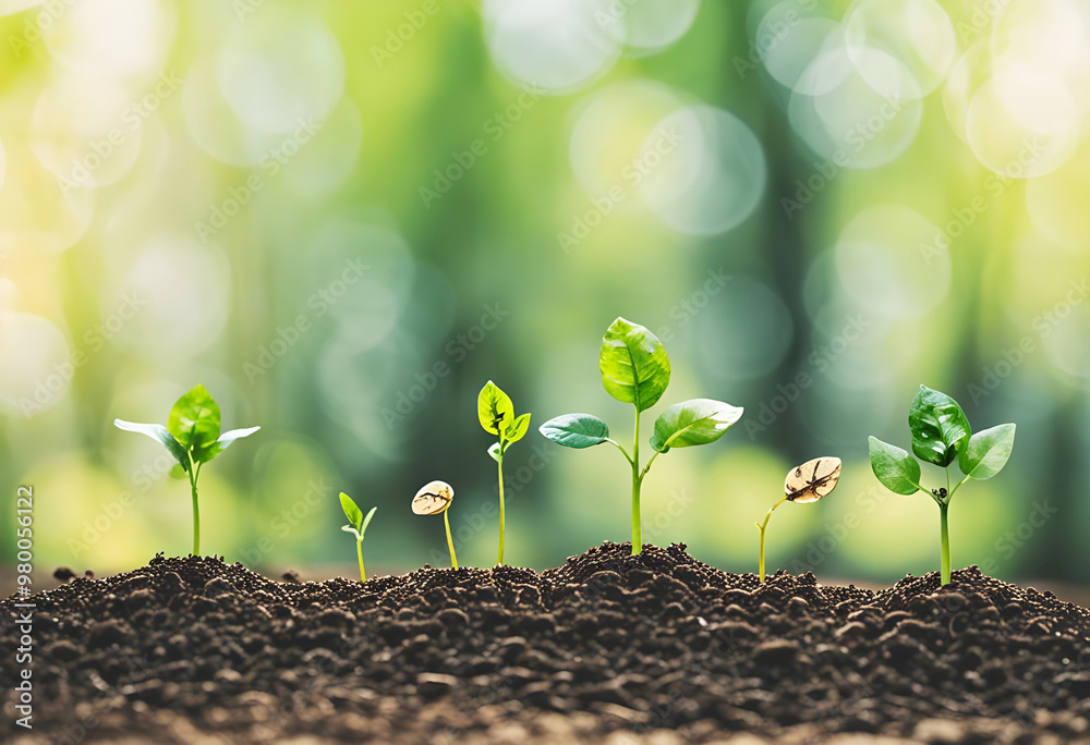 Sequence of seeds growing into trees in various stages, growth, nature ...