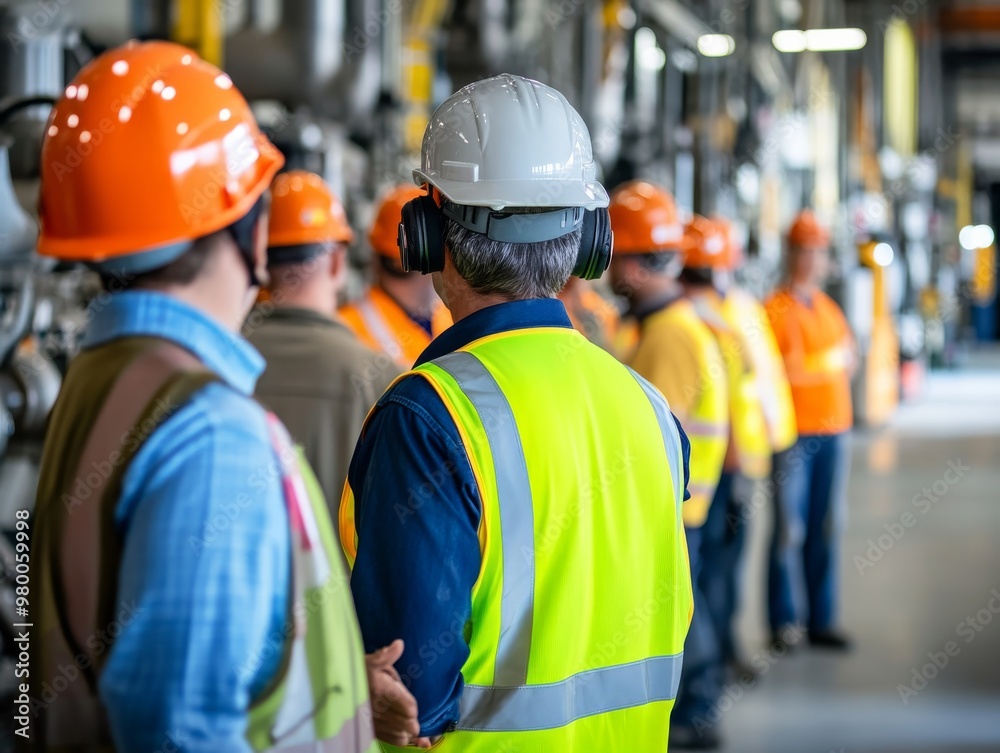 A safety officer leads a group of workers through a safety drill in a ...