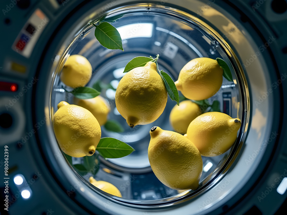 Lemons floating inside a futuristic capsule with greenery, captured in ...