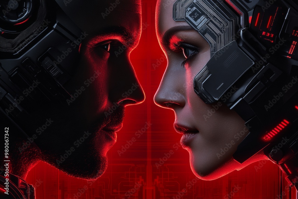 Futuristic male and female cybernetic faces in red light symbolizing ...