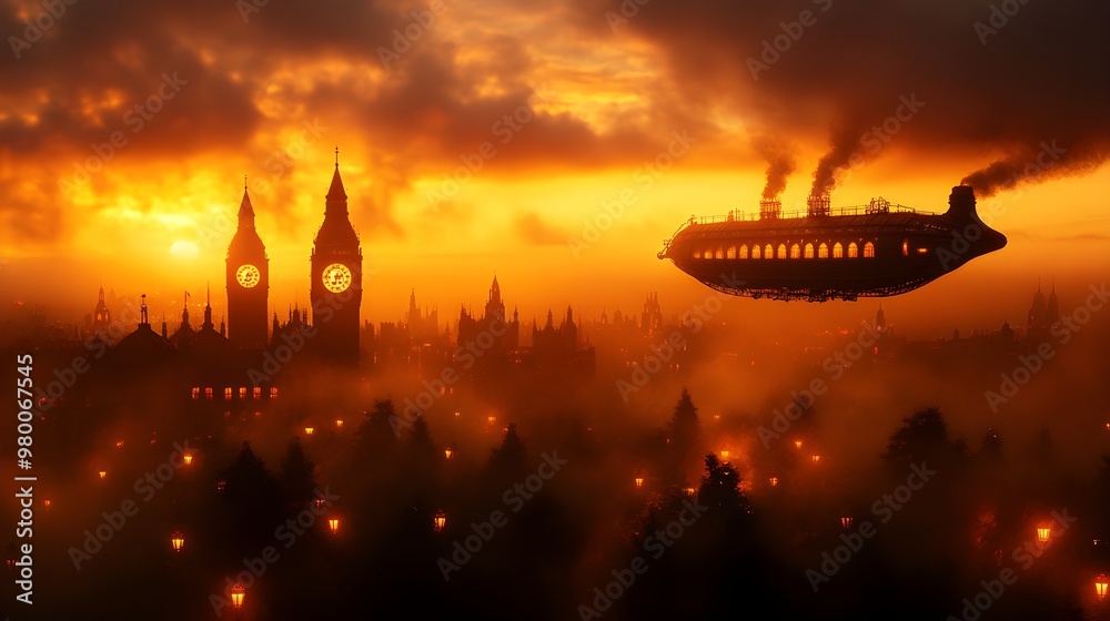 A grand steampunk airship with ornate details, flying over a smog ...