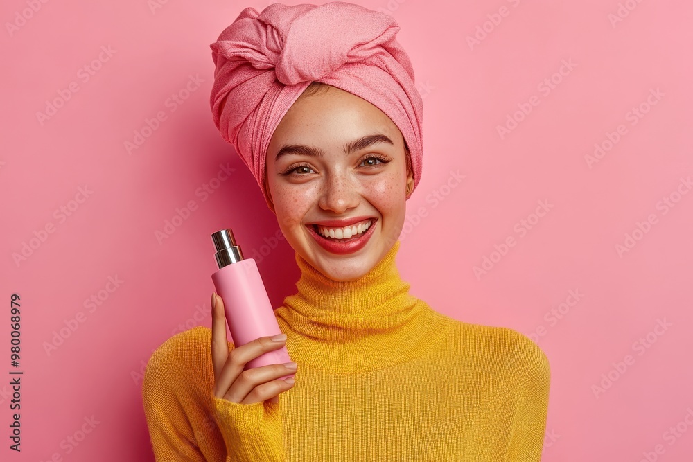 Image of a joyful girl in a turban holding keratin shampoo against a ...