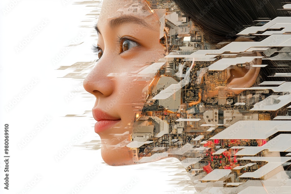 Fragmented profile of a woman with digital and mechanical elements ...