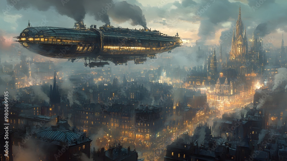 A detailed steampunk airship with ornate mechanical wings flying above ...