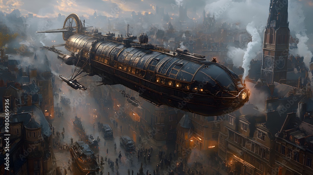 A detailed steampunk airship with ornate mechanical wings flying above ...