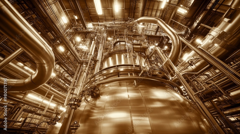 Chemical plant with a central stainless steel tank, swirling bright ...