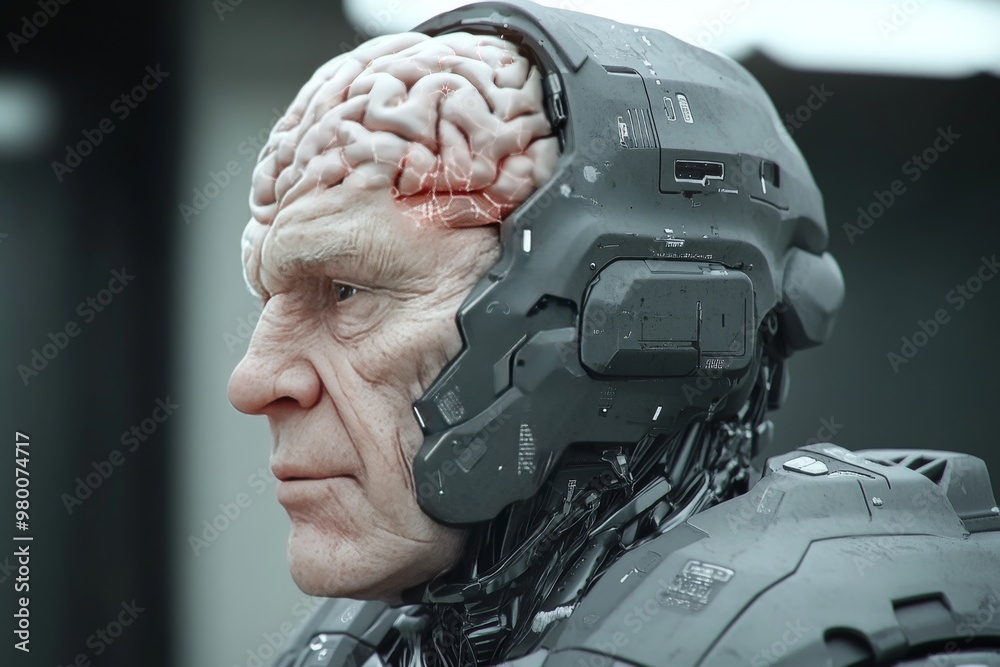Elderly humanoid cyborg with an exposed brain illustrating the ...