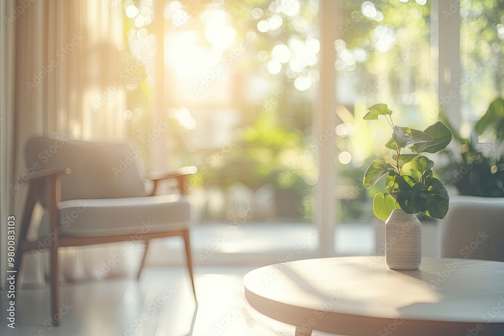 Blur living room at home with morning sunlight at big window for ...